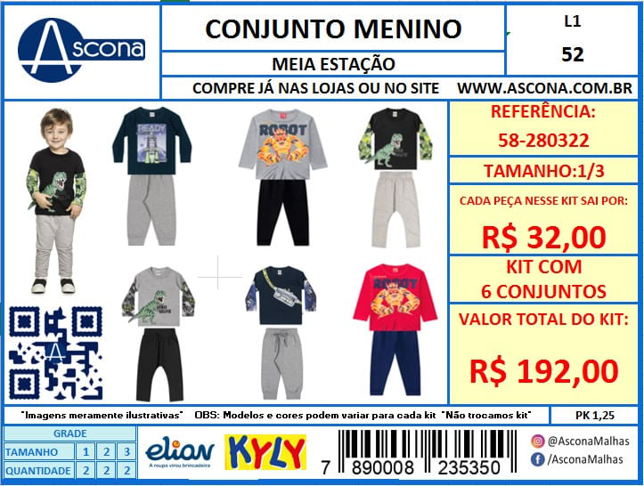 Kit 6 Conjuntos Atacado Revenda Infantil Menino Meia Estação Elian Kyly