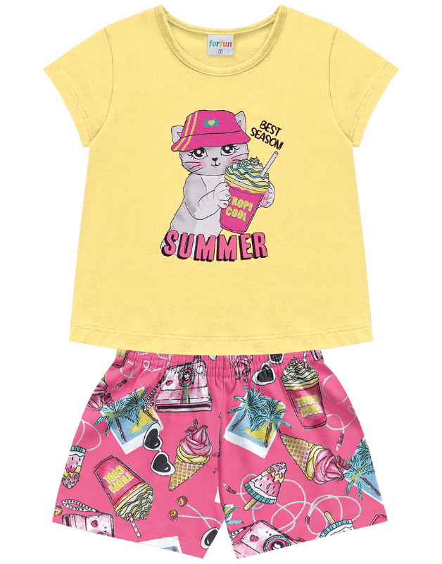 Conjunto Fakini Infantil Menina Verão com Estampa Gatinho Summer 1/3 ...