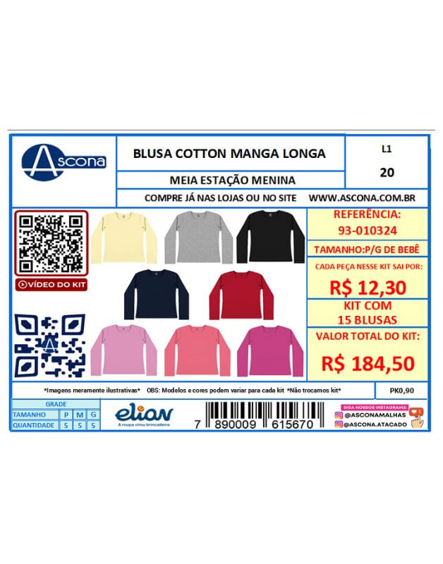 Kit 15 Blusas Cotton Manga Longa Infantil Menina Meia Estação Pg De